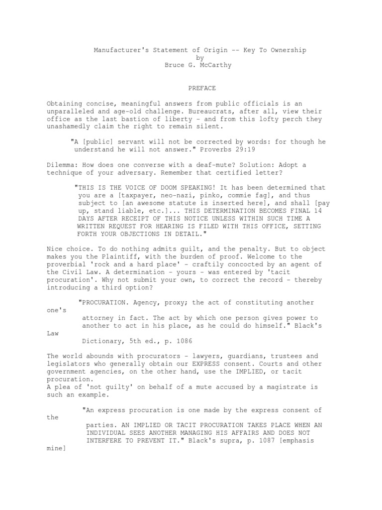 Manufacturers Statement of Origin | Equity (Law) | Title (Property)