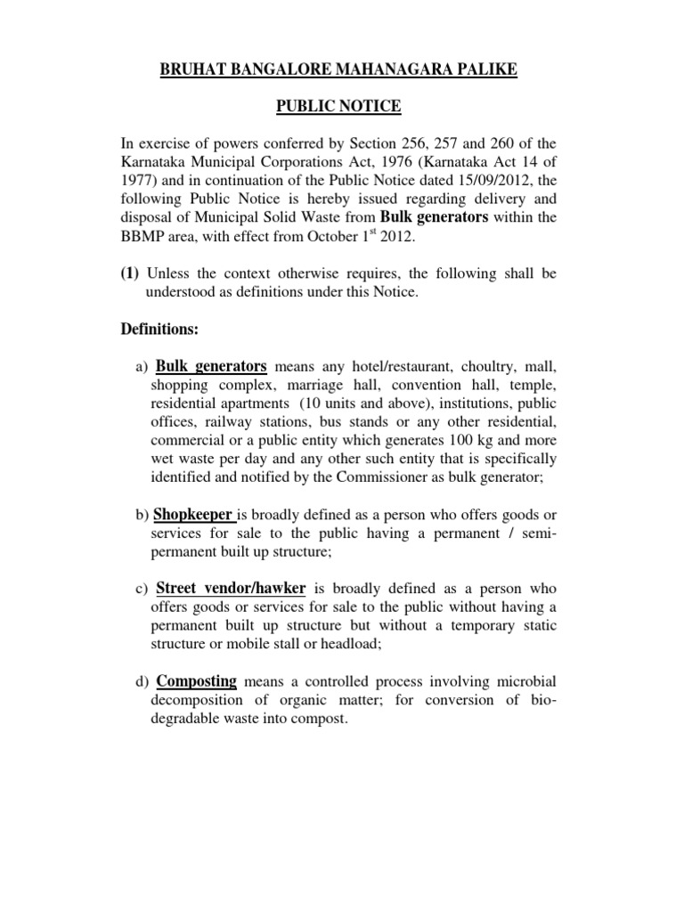 BBMP SWM PublicNotifn (Bulk Genr) | PDF | Compost | Waste Management
