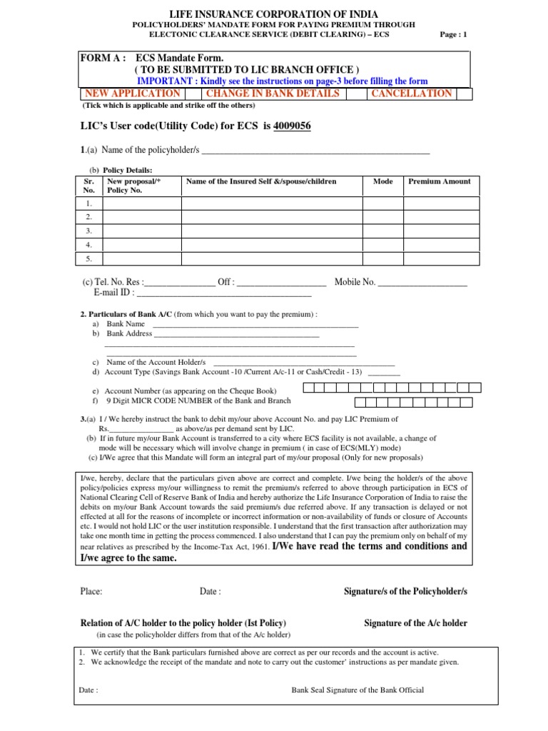 Lic Ecs Mandate Form English | PDF | Insurance | Cheque