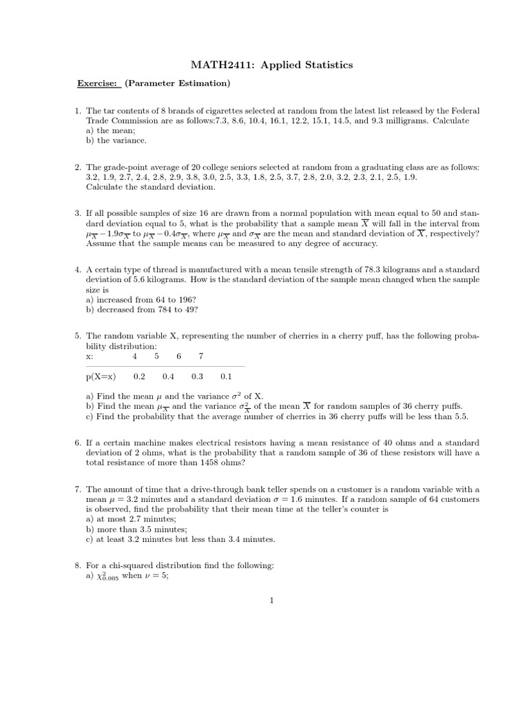 MATH2411: Applied Statistics: Exercise: (Parameter Estimation) | PDF | Standard Deviation | Variance