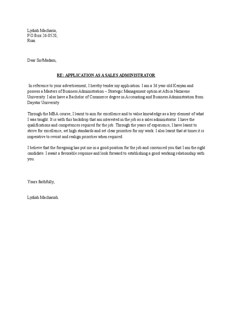 Sales Administrator Application Letter | PDF