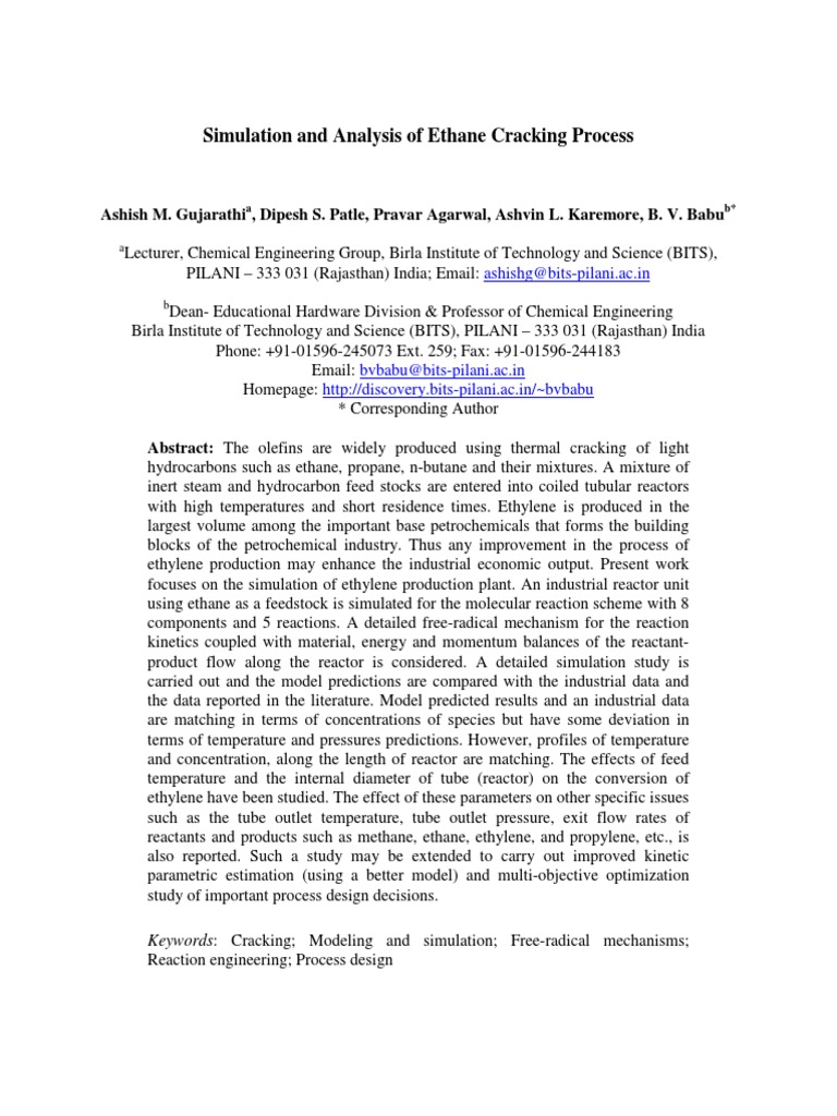 Simulation and Analysis of Ethane Cracking Process | PDF | Cracking ...