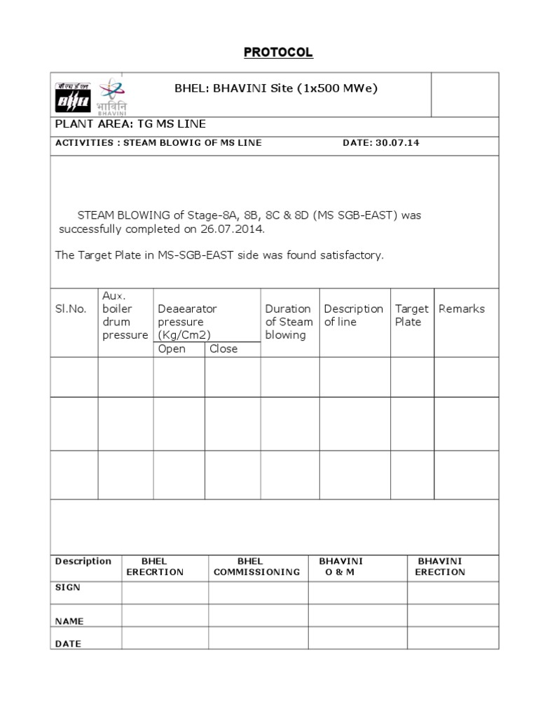 Protocol: Bhel: Bhavini Site (1X500 Mwe) Plant Area: TG Ms Line | PDF
