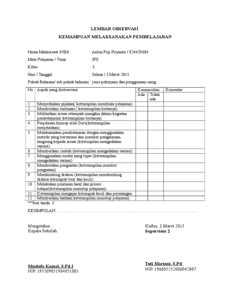 Lembar Observasi Kemampuan Melaksanakan Pembelajaran: Mengetahui Kepala ...