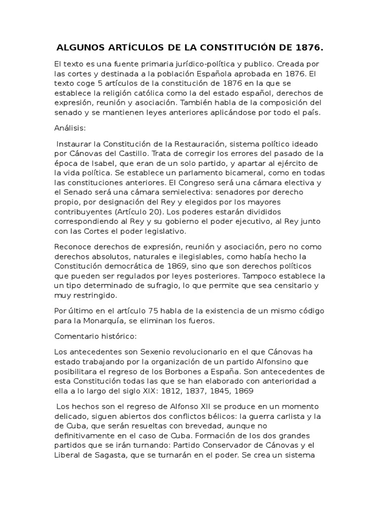 Artículos Clave de la Constitución de 1876 | PDF | Cortes Generales ...