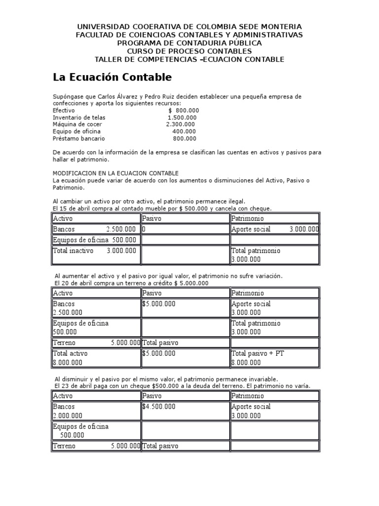 Taller de Ecuacion Contable | Contabilidad | Cheque