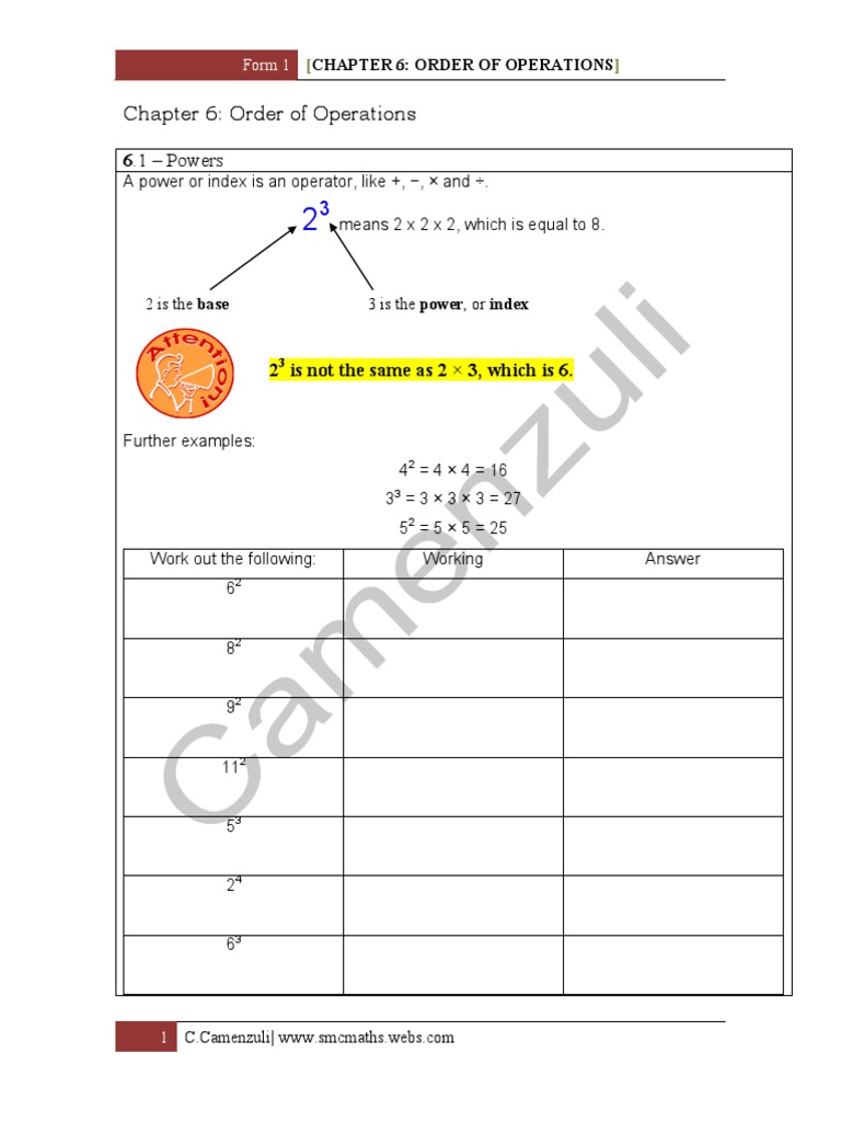 Form 1 Chapter 6 Order of Operations Notes 2014 | PDF | Teaching ...