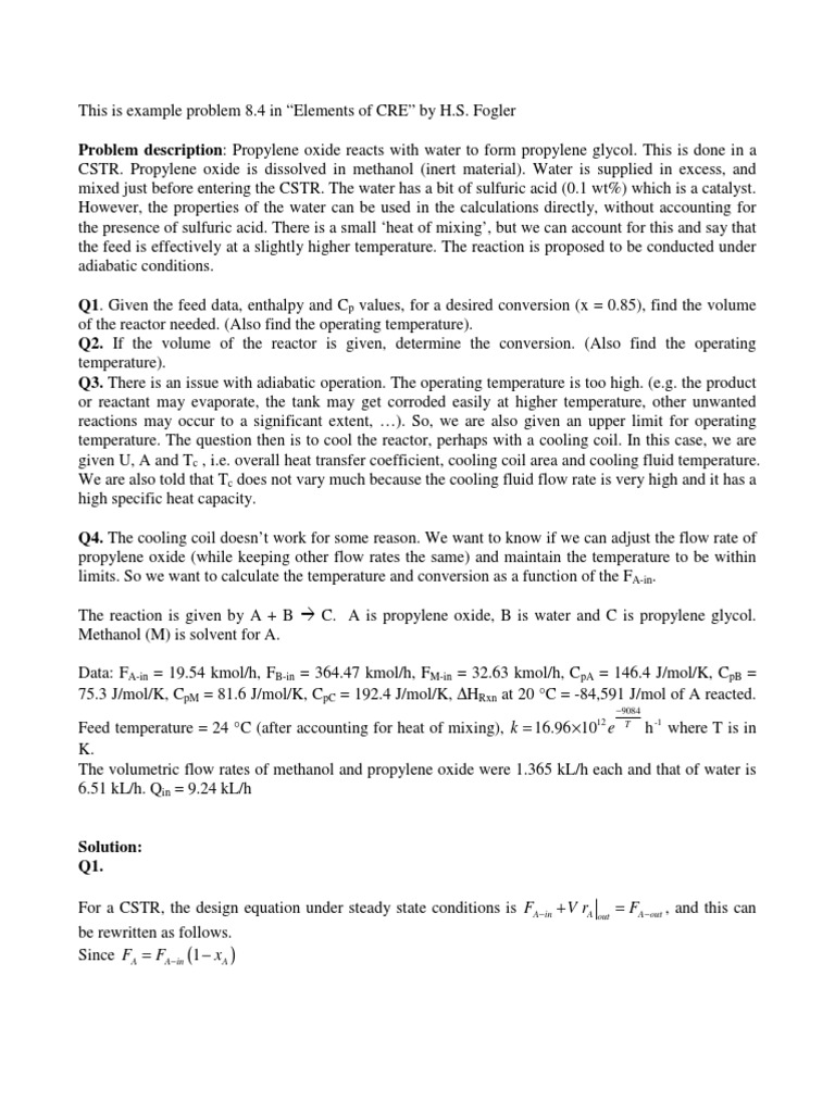 Adiabatic CSTR | PDF | Chemical Reactor | Equations