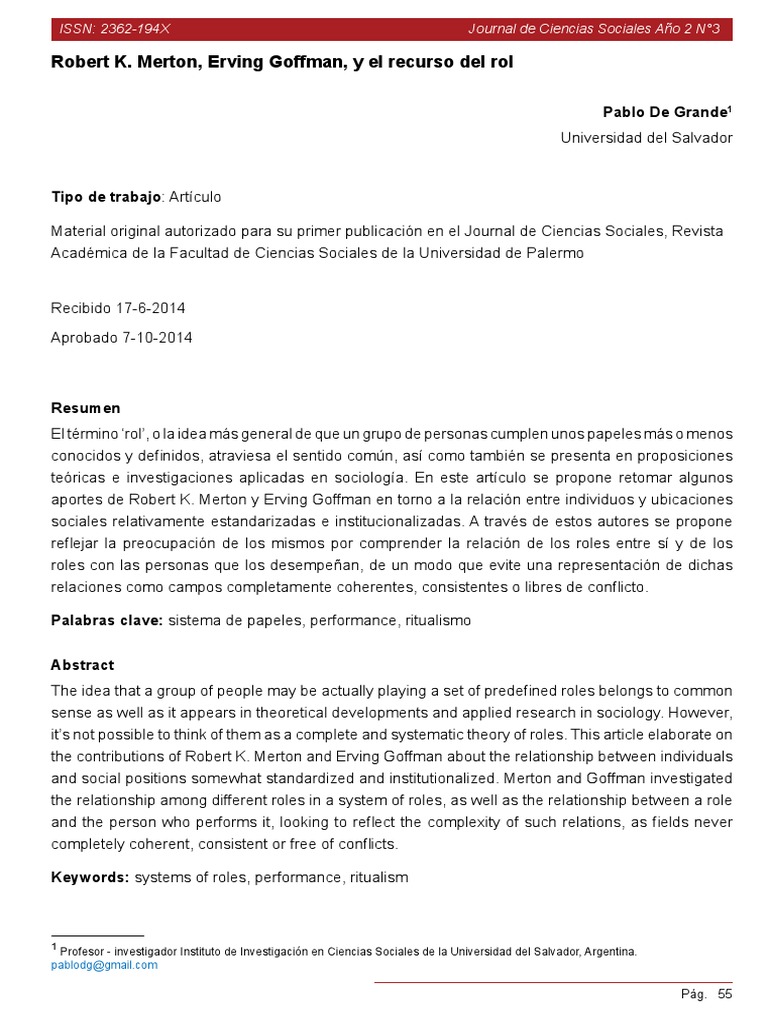 Robert K. Merton, Erving Goffman, y El Recurso Del Rol - Pablo de ...