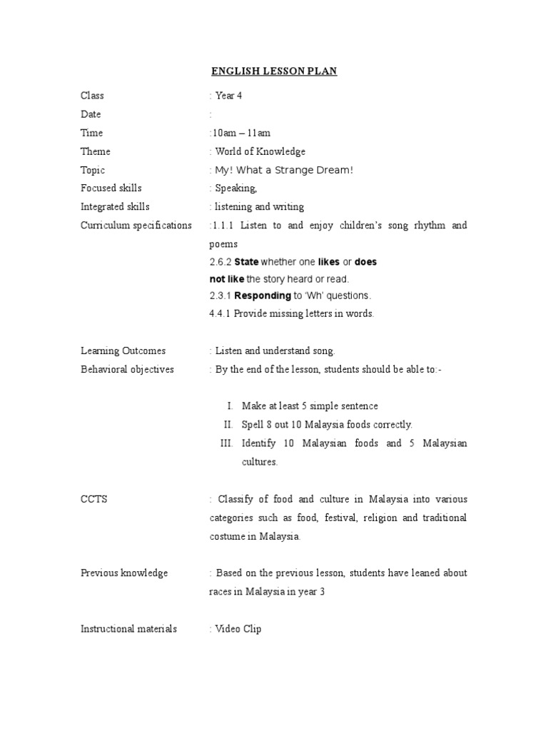 English Lesson Plan | PDF | Lesson Plan | Malaysia