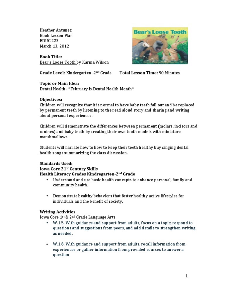 Bear's Loose Tooth Lesson Plan | PDF | Tooth | Mouth