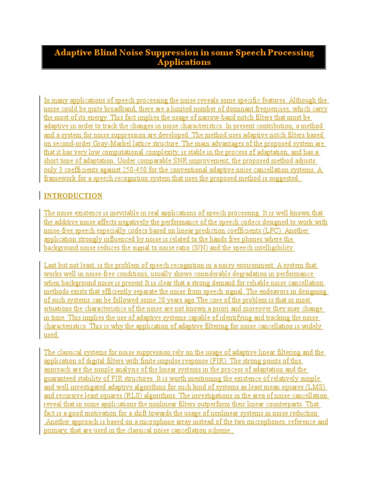 Adaptive Blind Noise Suppression in Some Speech Processing Applications | PDF | Signal To Noise ...