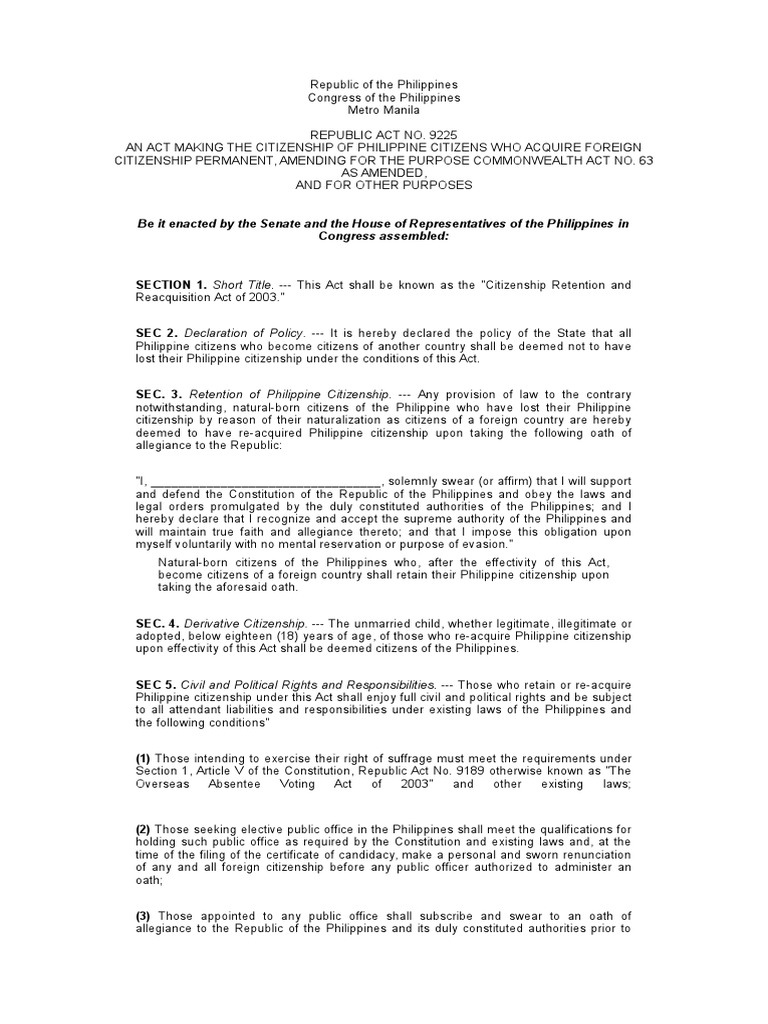 Ra 9225 | PDF | Oath Of Office | Naturalization