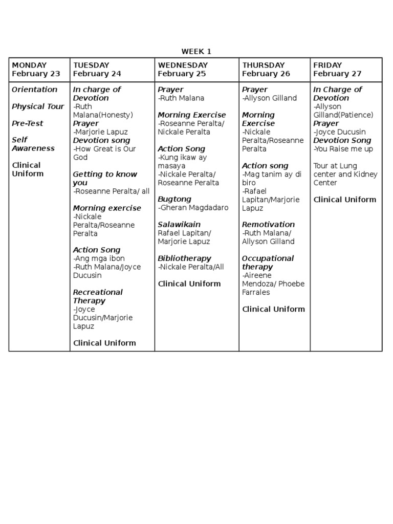 Weekly Schedule and Activities for Nursing Students at the Lorma ...