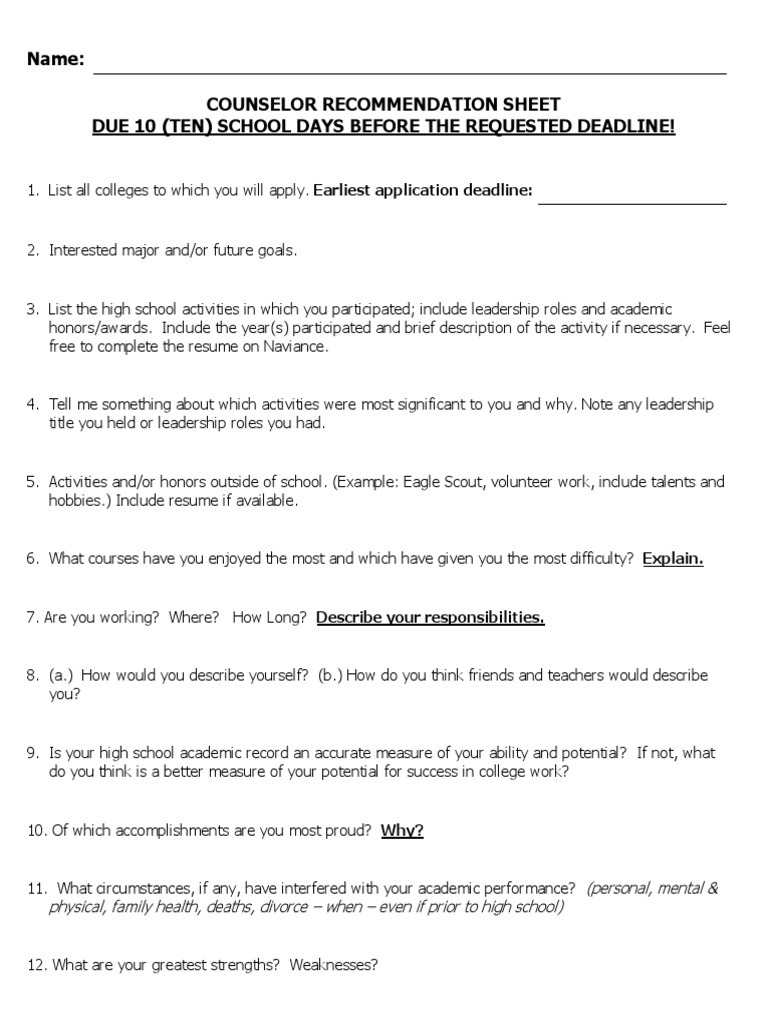 Counselor Recommendation Sheet Template | PDF