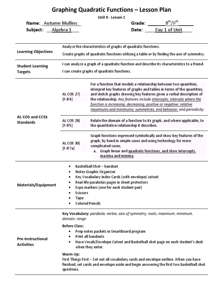 U9l1 - Graphing Quadratic Functions Lesson Plan | PDF | Maxima And ...