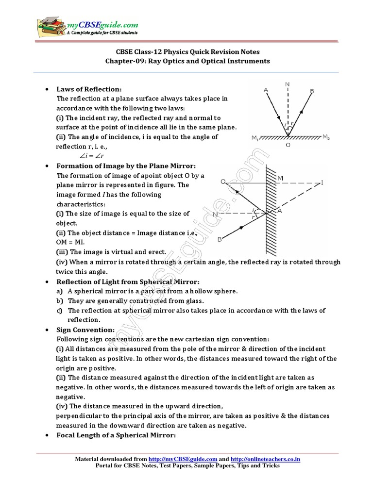 CBSE Class 12 Physics Ray Optics Notes | PDF | Refraction | Optics