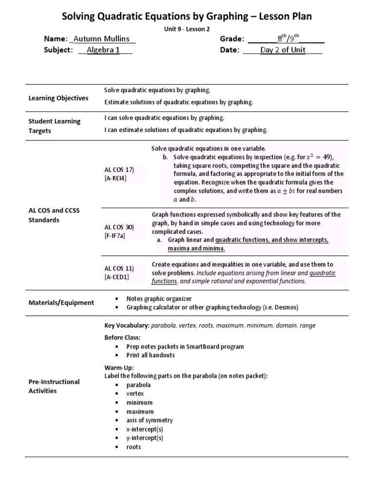 U9l2 - Solving Quadratic Equations by Graphing Lesson Plan | PDF ...