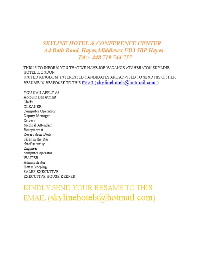 Job Openings at Skyline Hotel London | PDF | Finance & Money Management ...