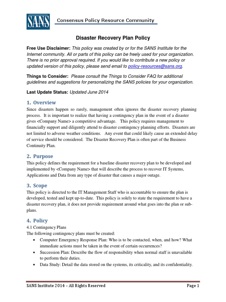 Disaster Recovery Plan Policy | PDF | Backup | Information Security