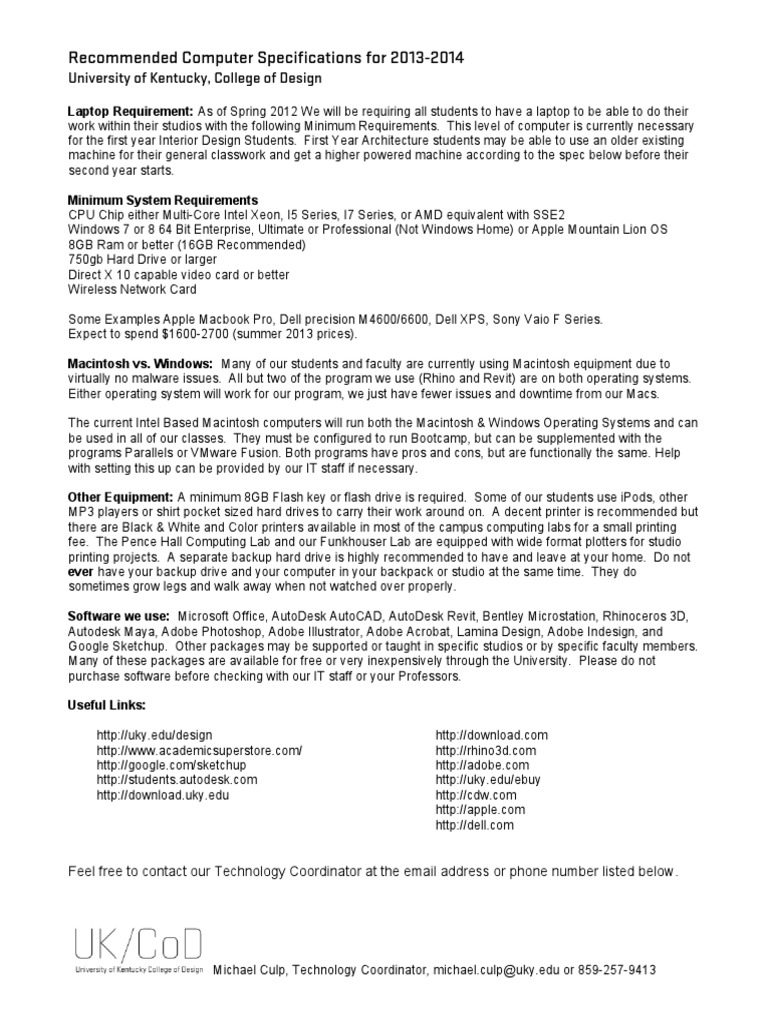 Recommended Computer Specifications For 2013-2014: University of ...