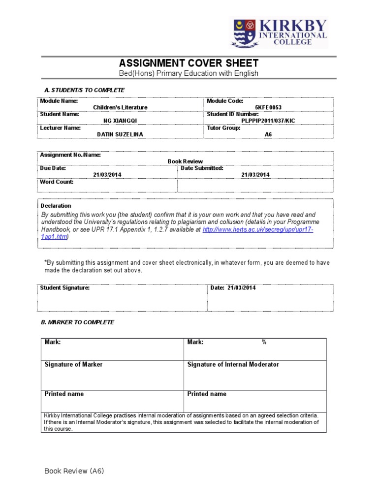 Assignment Cover Sheet: Bed (Hons) Primary Education With English | PDF