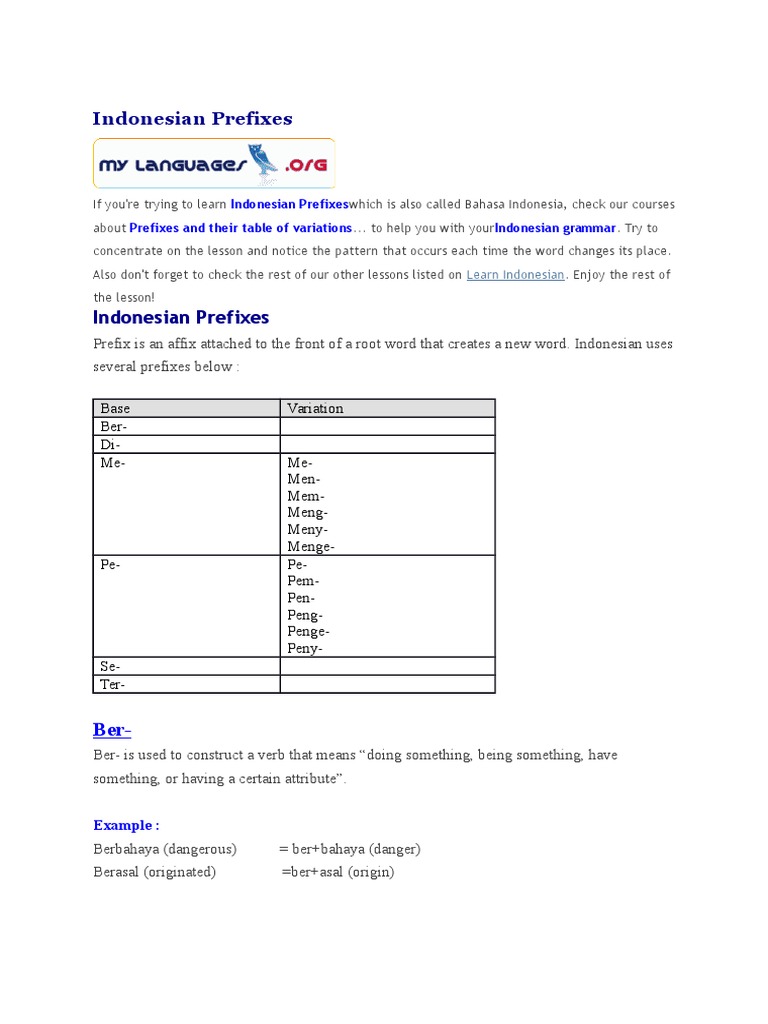Indonesian Prefixes | PDF | Indonesian Language | Verb