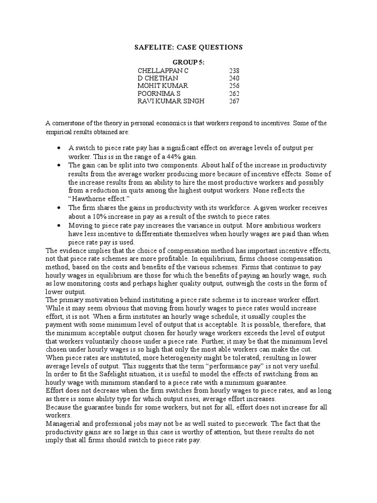 Safelite Case Questions | PDF | Piece Work | Incentive