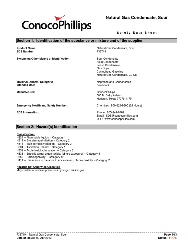 Safety Data Sheet for Sour Gas Condensate | PDF | Benzene | Combustion