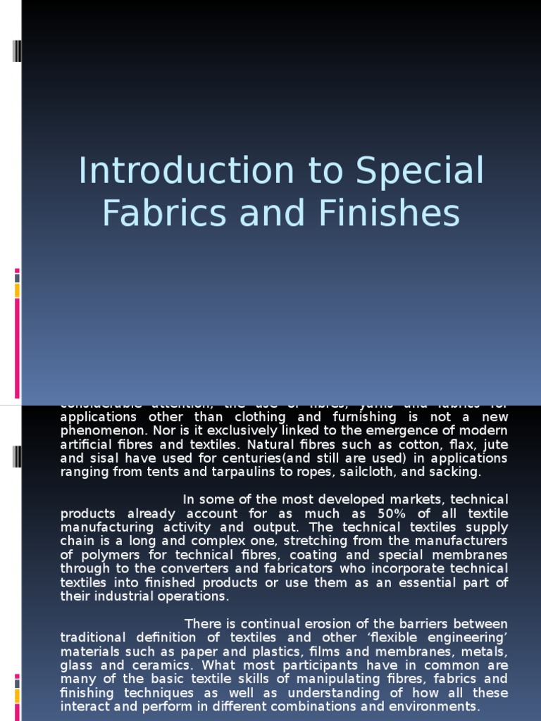 Introduction to Special Fabrics & Finishes | PDF | Textiles | Yarn