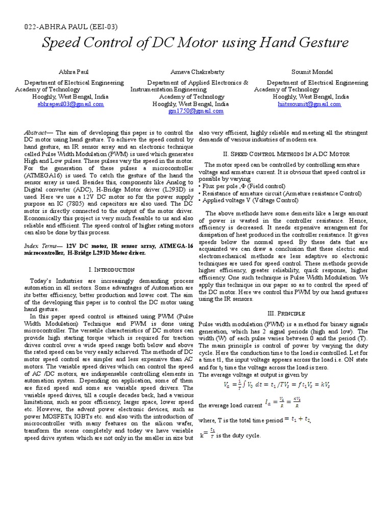 Speed Control of A DC Motor Using Hand Gesture | PDF | Electric Motor ...
