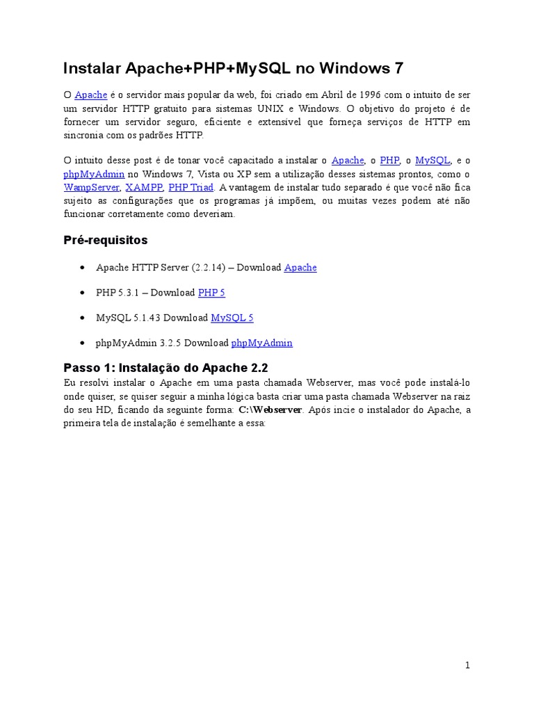 Instalar Apache No Windows 7 | Download grátis PDF | Servidor HTTP Apache | Php
