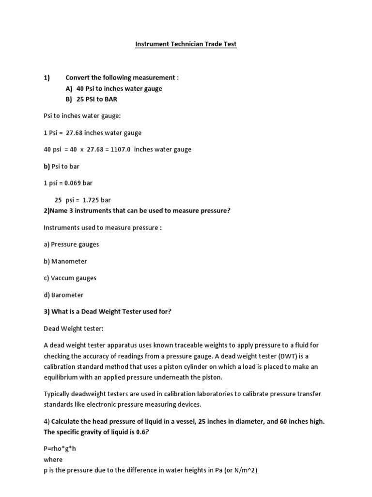 Instrument Technicain Test Questions | PDF | Pressure Measurement | Sensor