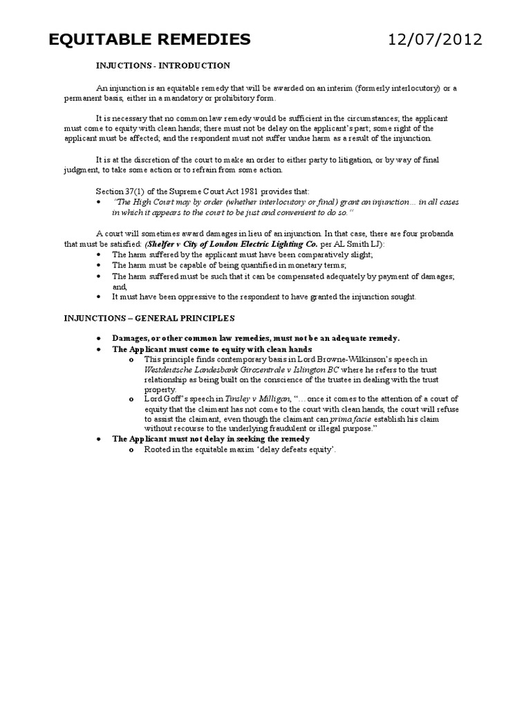 Equitable Remedies | PDF | Equity (Law) | Equitable Remedy
