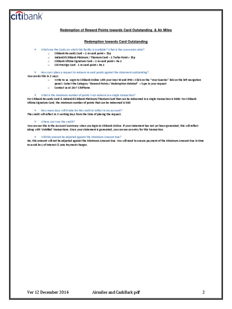Redemption of Reward Points Towards Card Outstanding & Air Miles | PDF ...