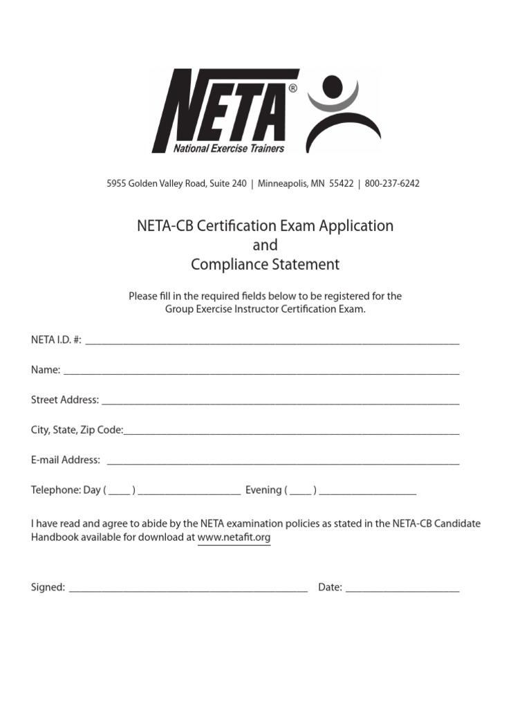 NETA Group Exercise Exam Application | PDF | Business