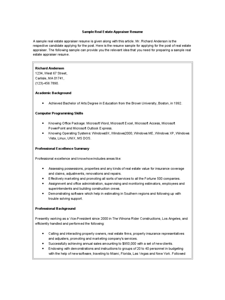 Sample Real Estate Appraiser Resume | PDF | Microsoft | Microsoft Windows