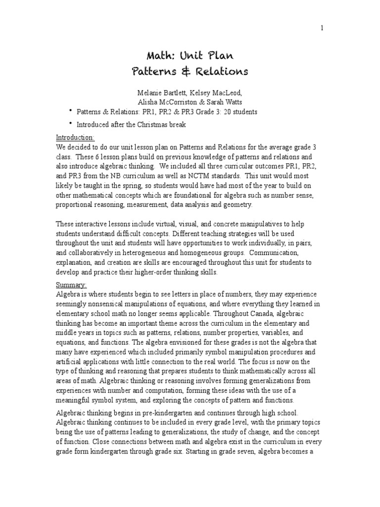 Grade 3 Patterns & Relations Unit Plan | PDF | National Council Of ...