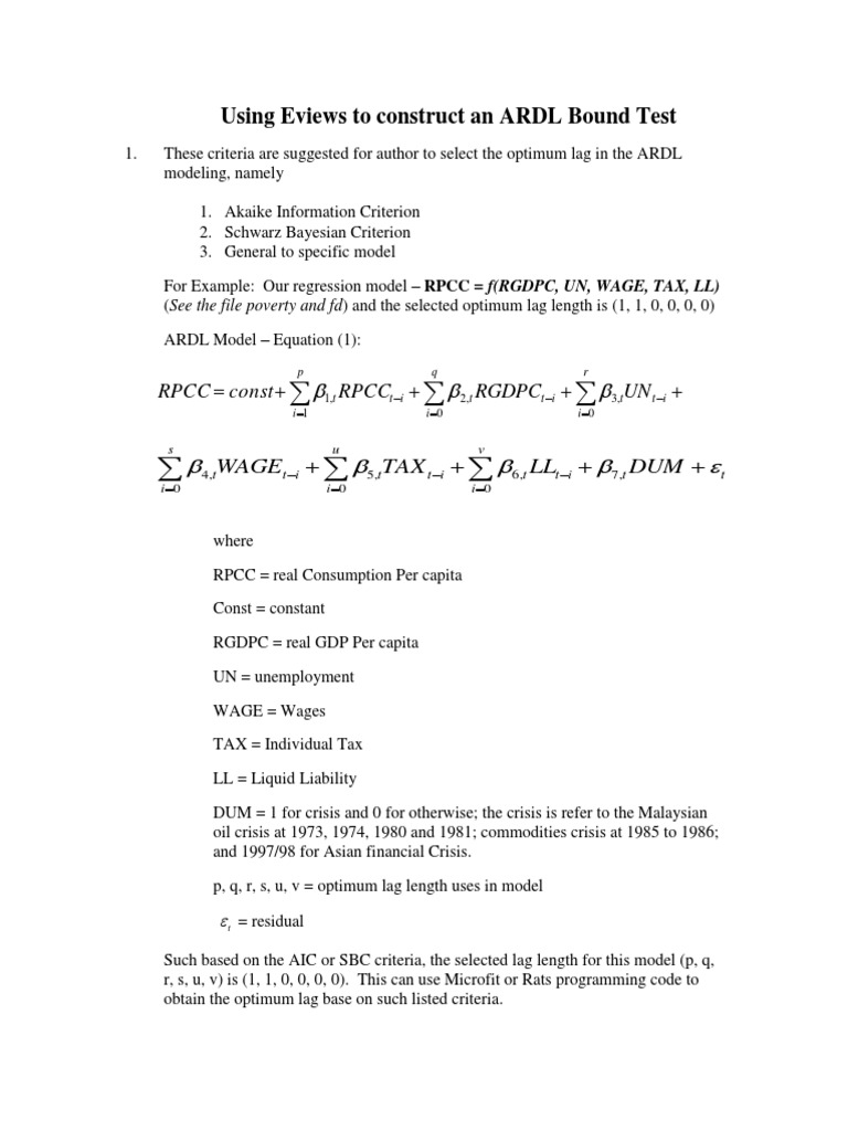 ARDL Bound Test Using Eviews | PDF | Errors And Residuals | Coefficient ...