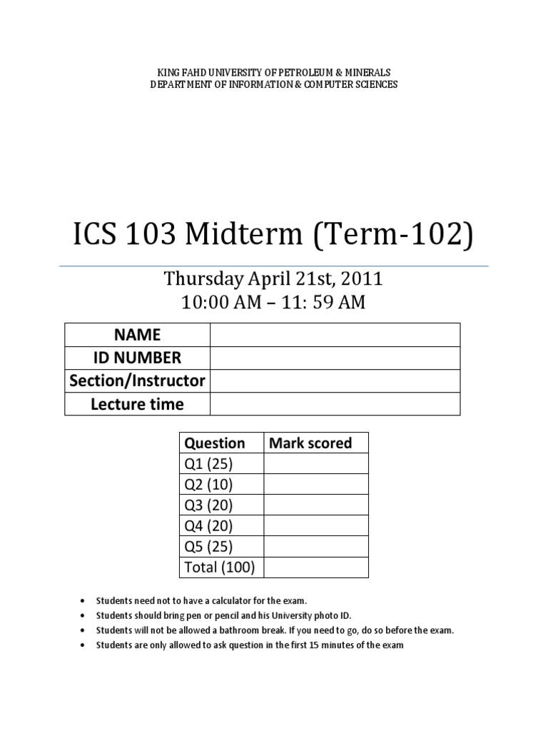 Ics 103 Midterm Key Solution Pdf Computer Programming Computing