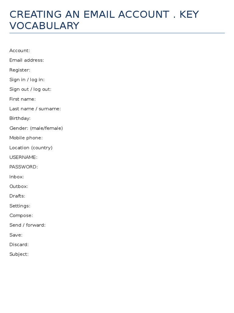 Creating An Email Account - Key Vocabulary | PDF