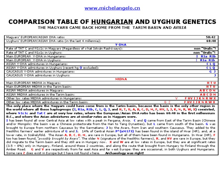 Comparison Table of Hungarian and Uyghur Genetics | PDF
