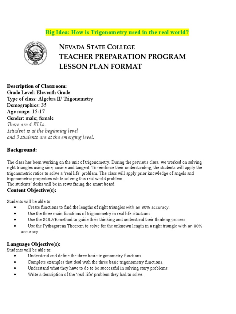 Trigonometry Lesson Plan | PDF | Trigonometric Functions | Trigonometry