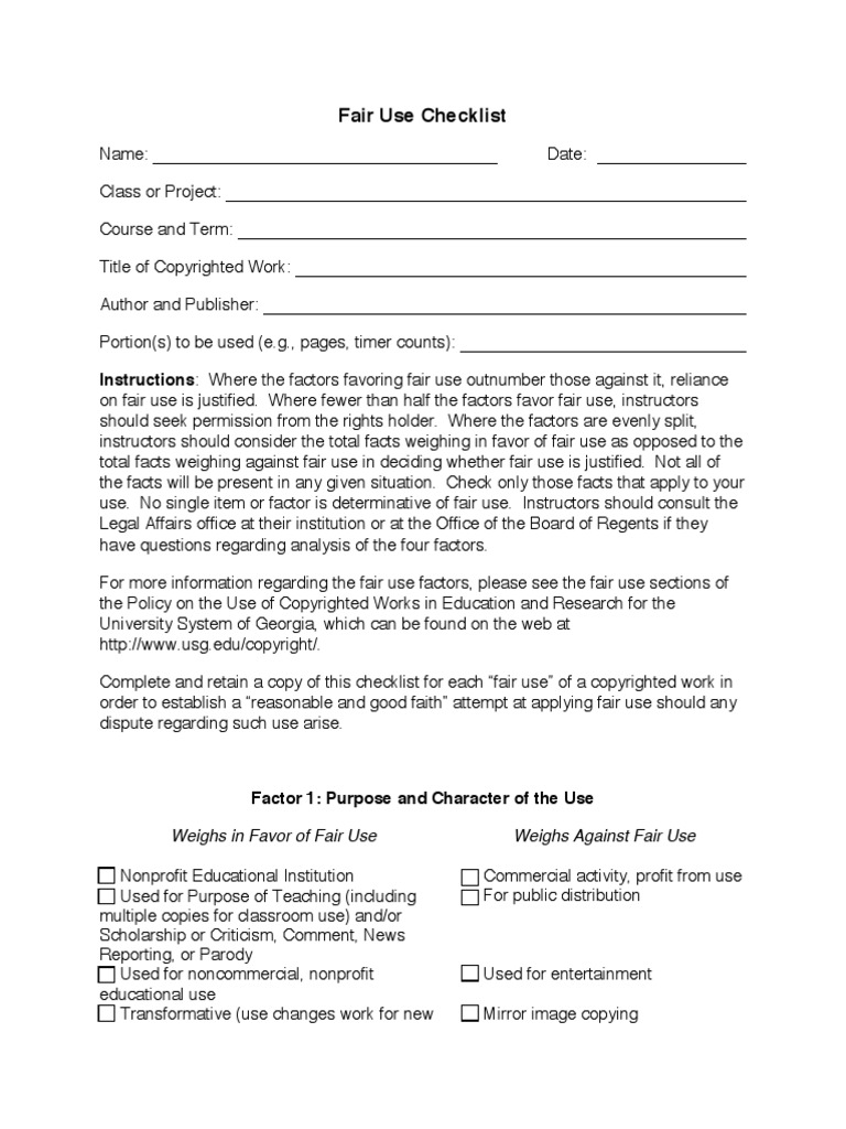 Fair Use Checklist | PDF | Fair Use | Freedom Of Expression Law