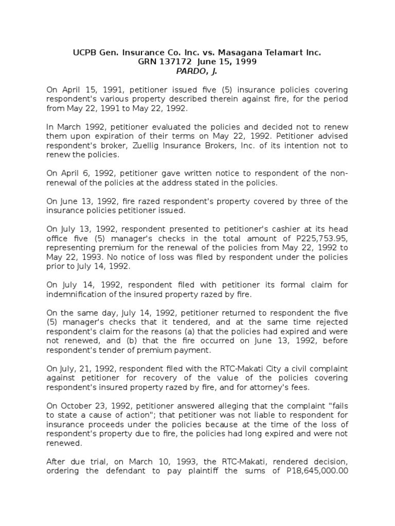 UCPB Gen. Insurance Co. Inc. vs. Masagana Telamart Inc. GRN 137172 June ...