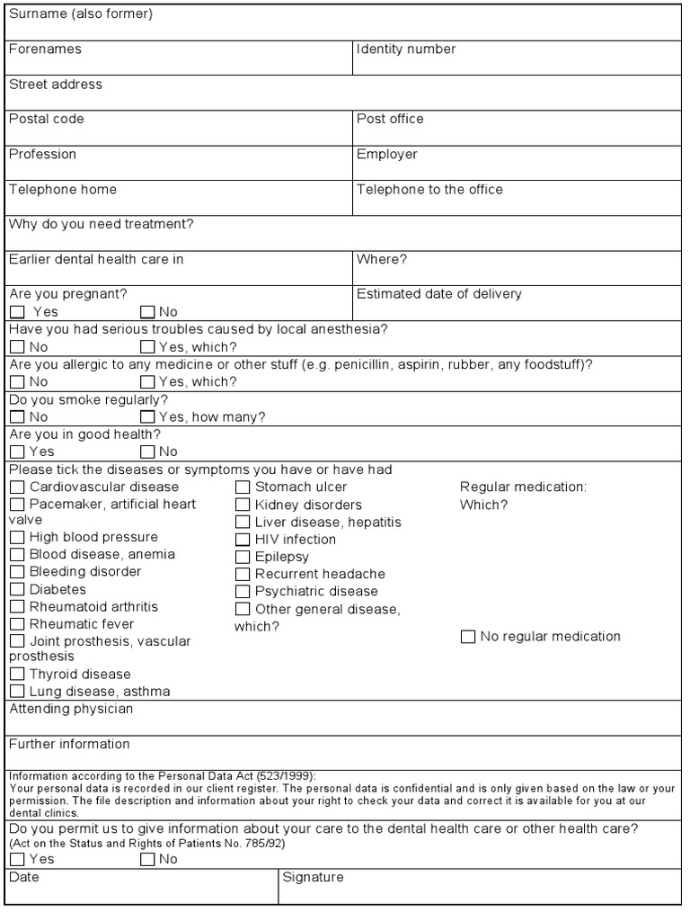 Anamnesis for Dental Health Care | Health Care | Medical