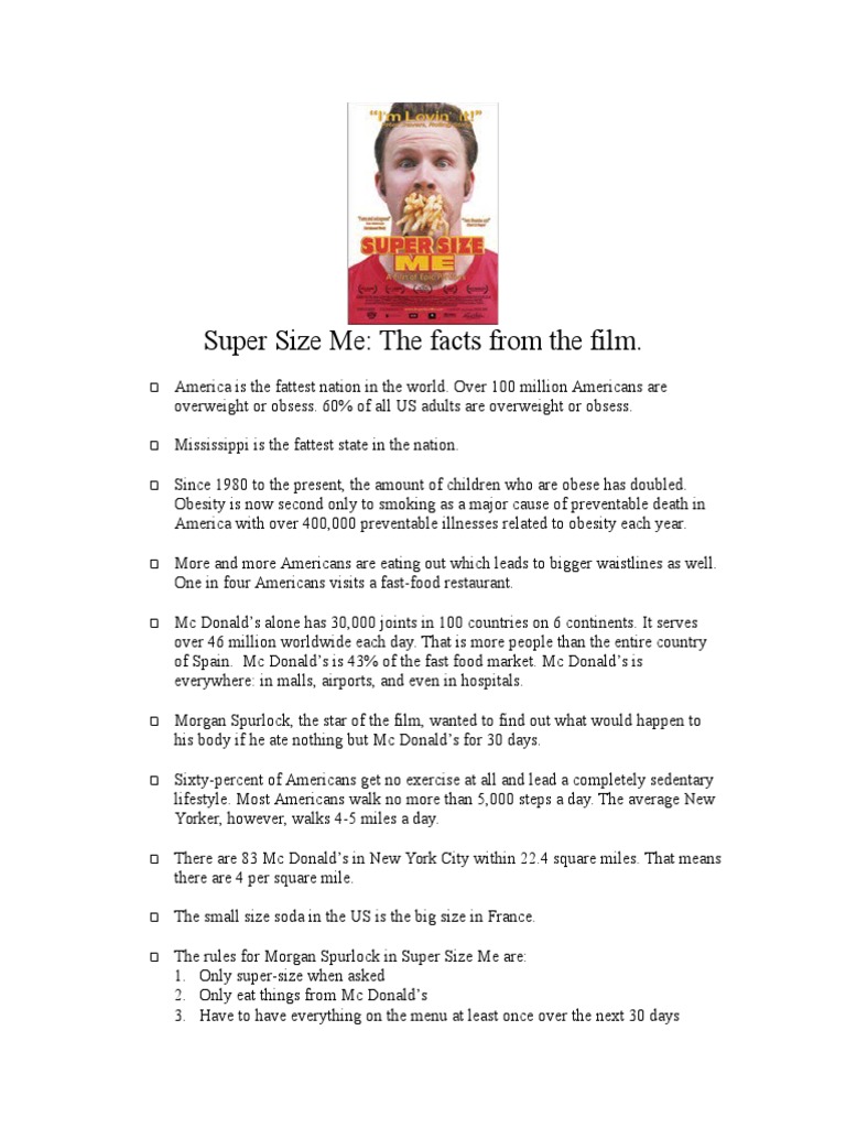Super Size Me Facts Sheet | Mc Donald's | Obesity