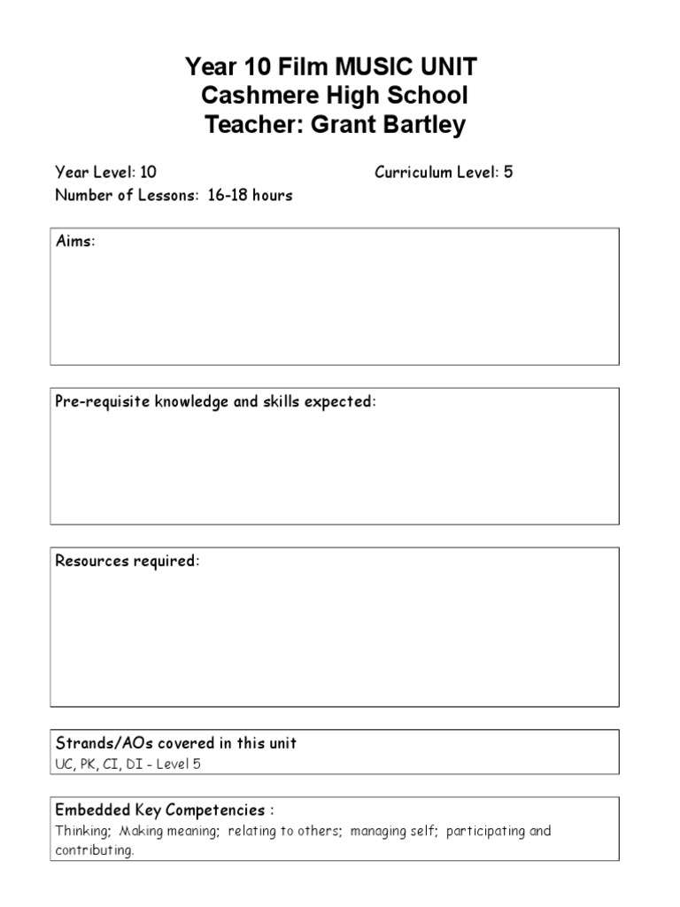Year 10 Film MUSIC UNIT Cashmere High School Teacher: Grant Bartley ...