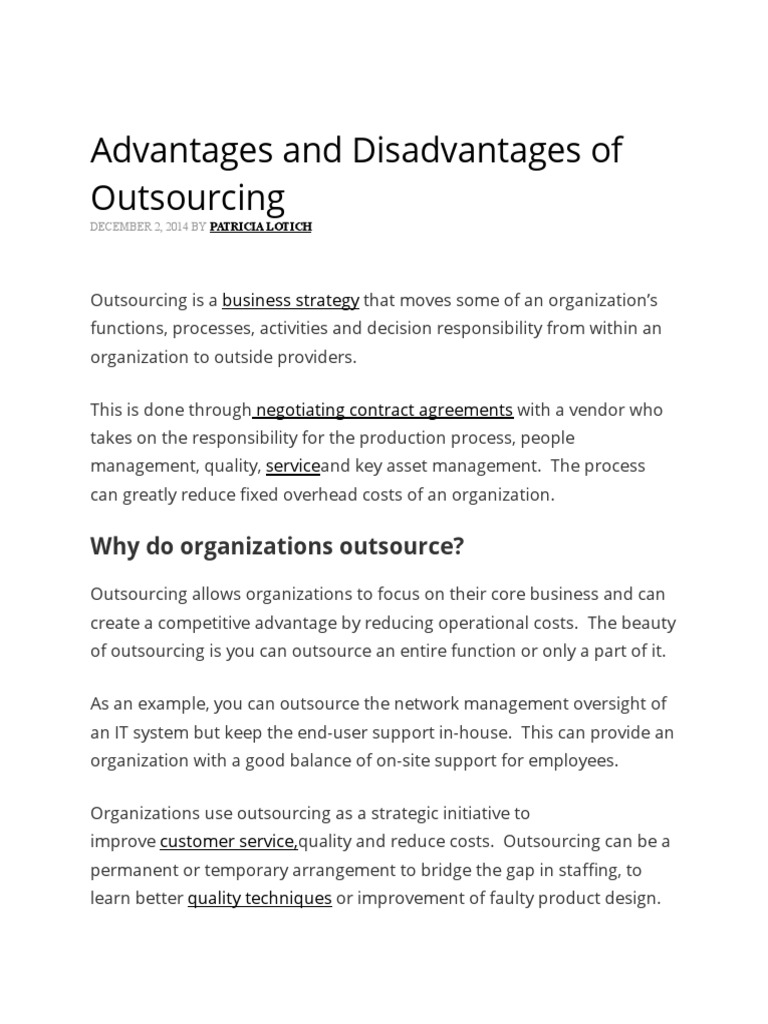 Advantages and Disadvantages of Outsourcing | PDF | Outsourcing | Layoff