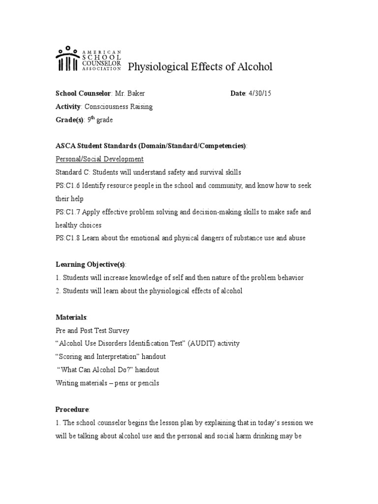 Psychological Effects of Alcohol Lesson Plan | PDF | School Counselor ...